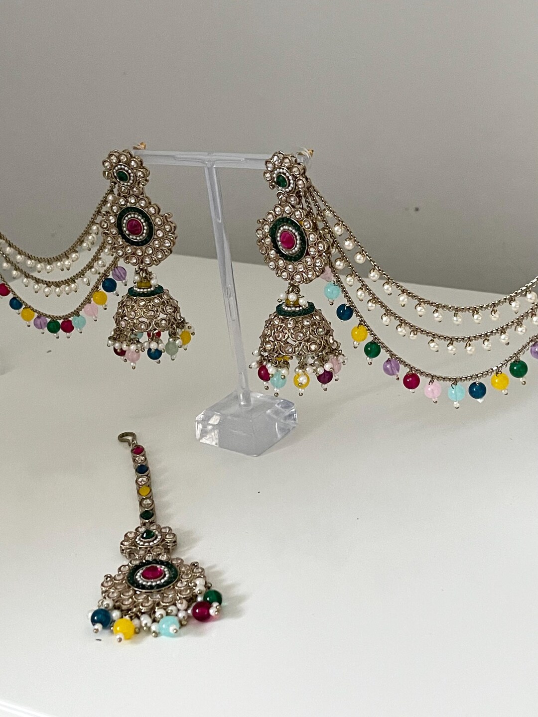 Indian Multicoloured Jhumka,sahara Chain Earrings With Tikka. Indian ...