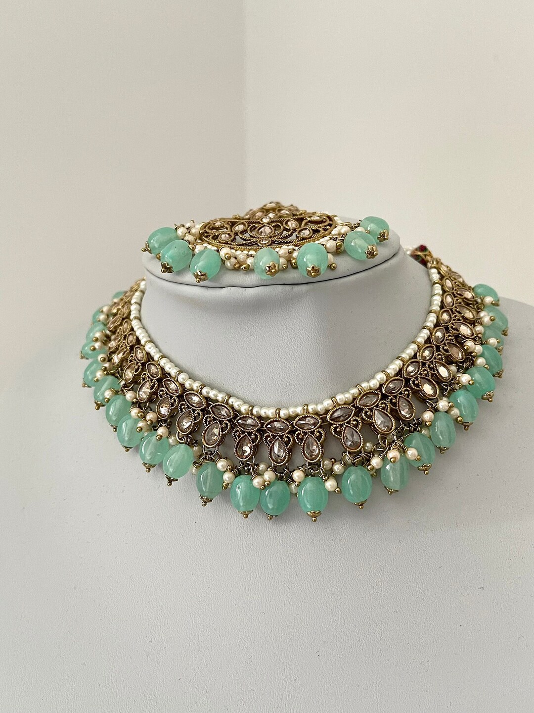 Asian/indian Mint Polki Set With Earrings and Tikka. Mint Choker Set ...