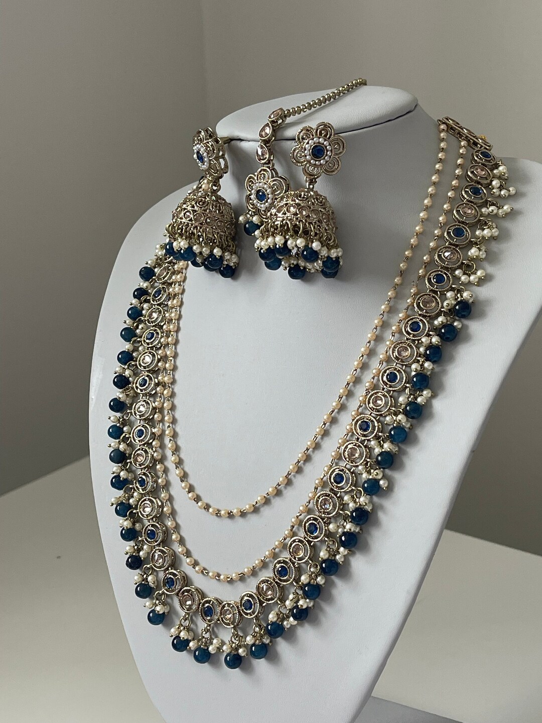 Indian Navy Blue White Pearl Long/mala Necklace With Jhumka Earrings ...