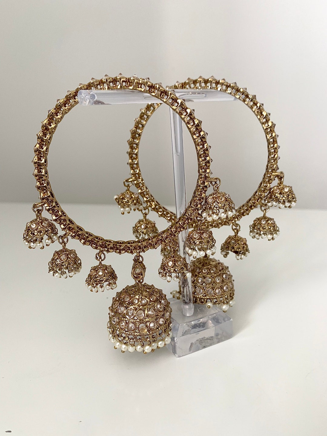 Pair of Triple Jhumka/ Jhumki Antique Gold Polki Indian Bangles. Jhumki ...