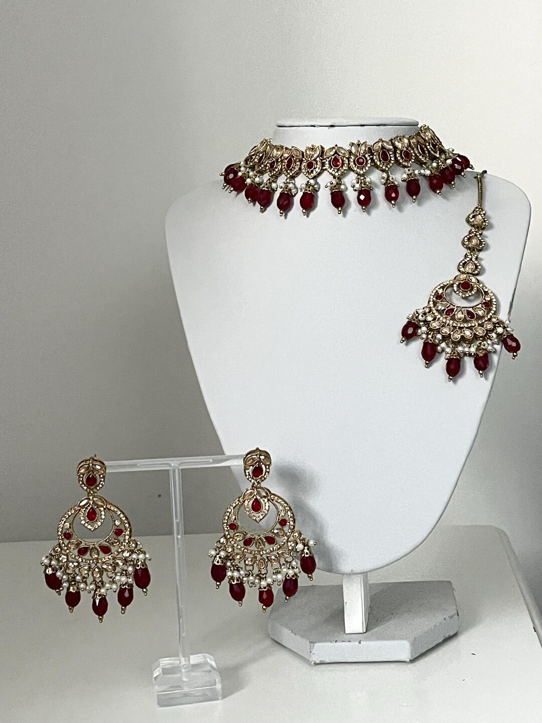 Red/ Maroon Indian Choker Set With Earrings and Tikka. Indian Choker ...