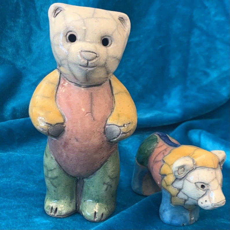 RAKU Pottery Bear and Lion Figurines From South Africa Vintage 90s ...