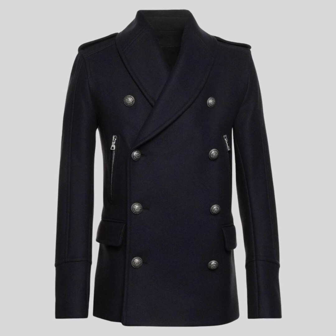 Men's Navy Blue Wool Coat – Double-breasted Military Style Outerwear ...