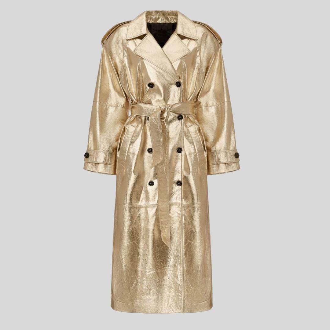 Women's Double-breasted Gold Metallic Trench Coat Long Golden Leather ...
