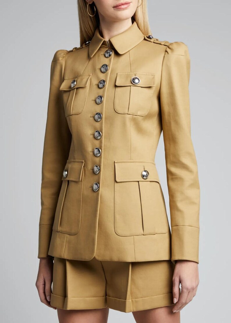 Camel Womens Military Blazer , Cotton Commander Jacket, Officer Pelisse ...
