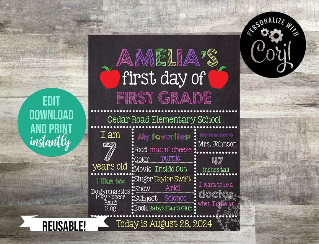 Girl First Day of School Chalkboard Sign | Editable and Printable ...