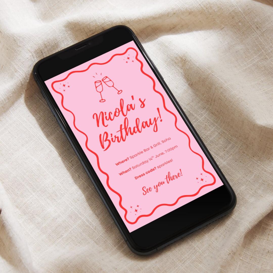 Pink & Red Party Invitation: Line Art, Editable Canva Template (digital ...