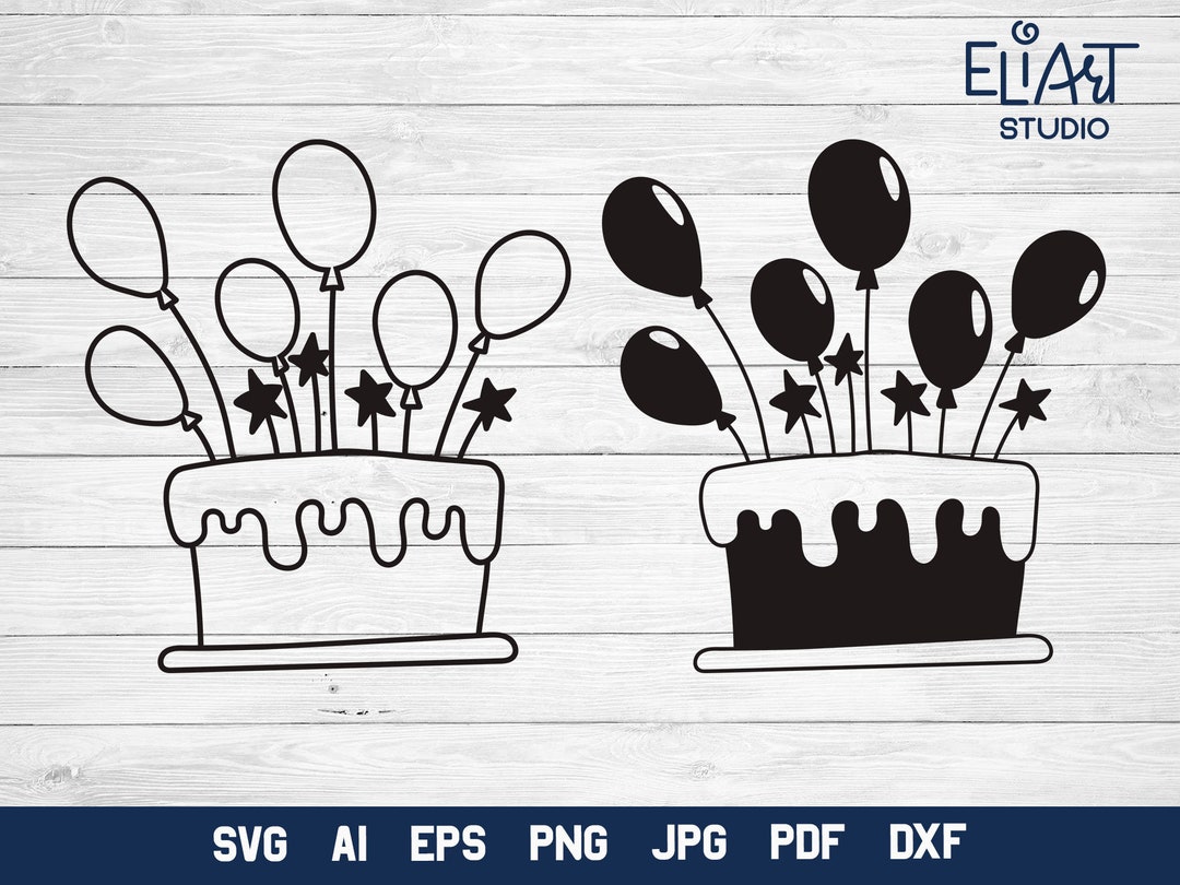 Birthday Cake PNG, Line Art Cakes With Balloons, Birthday Party ...
