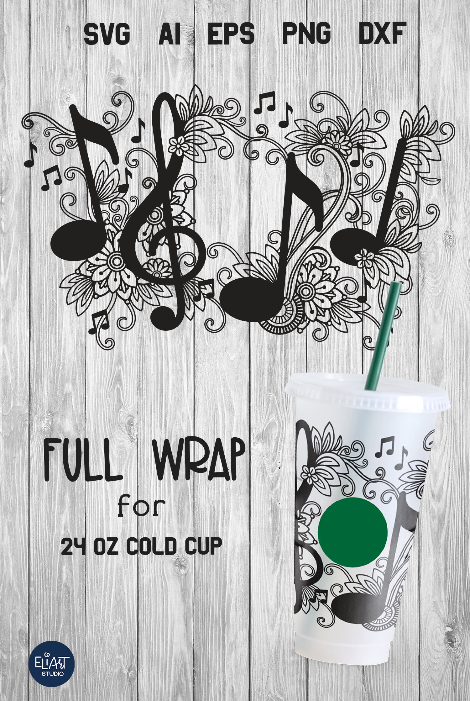 Music Full Cup Wrap SVG Musical Notes and Treble Clef 24oz - Etsy