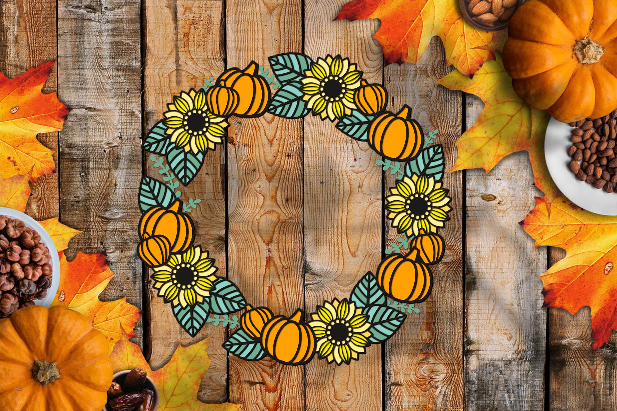 Layered SVG Fall Wreath 3D Fall SVG Pumpkin Sunflower Cut | Etsy