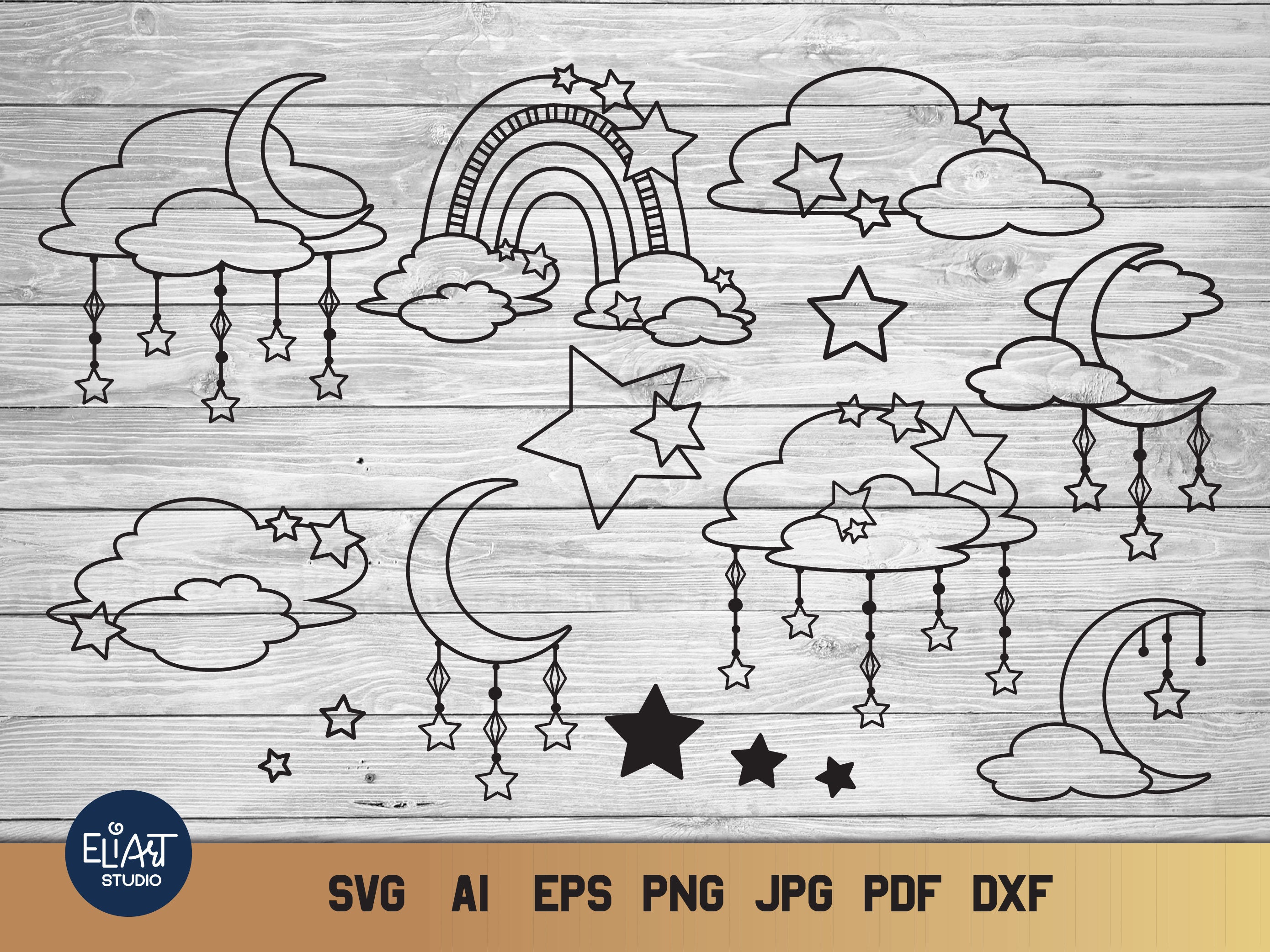 Paquete SVG Celestial, Luna y Nubes SVG con Estrellas, Rainbow SVG ...