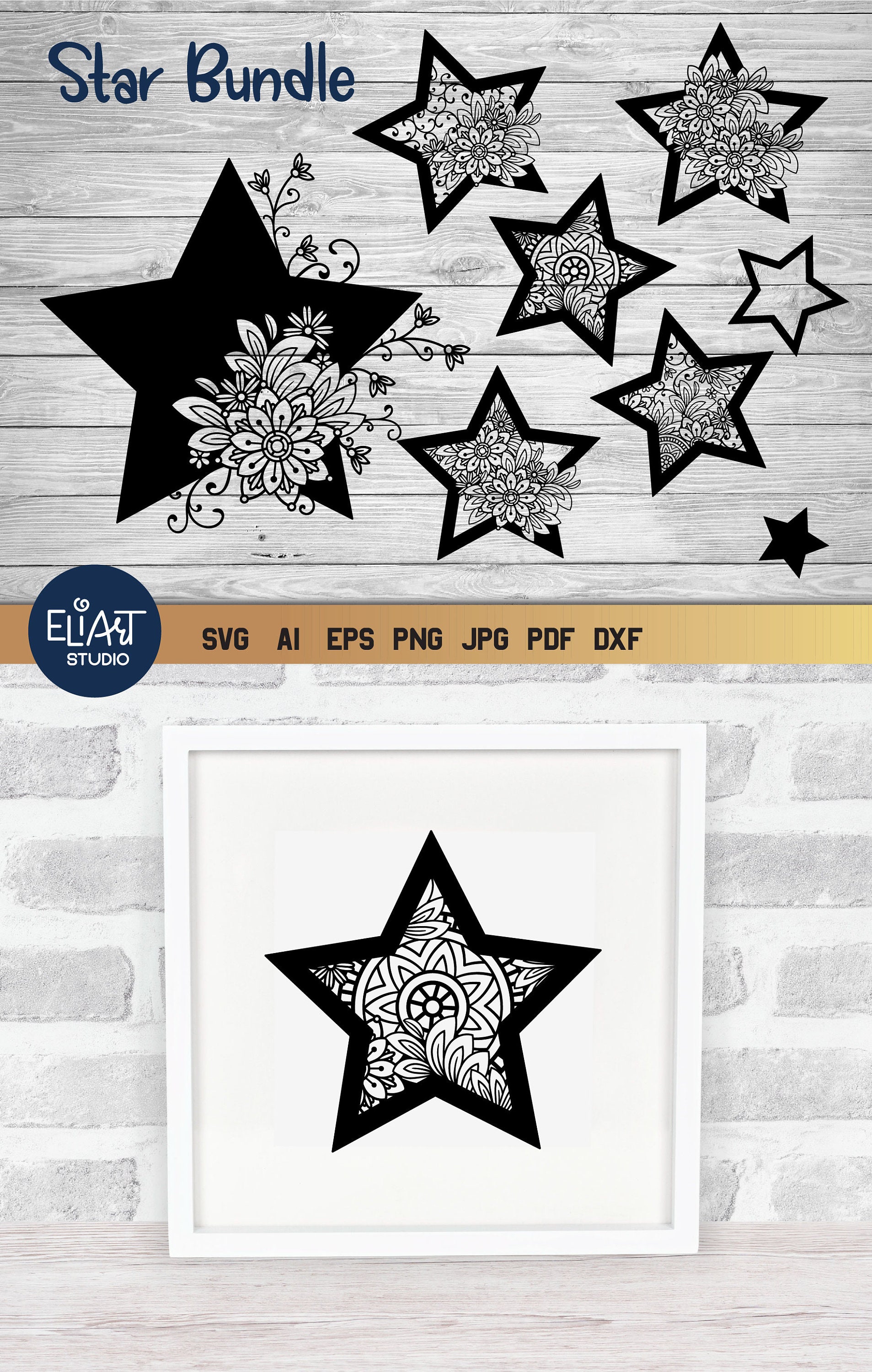Celestial SVG With Flowers Star SVG Bundle Floral Star SVG | Etsy