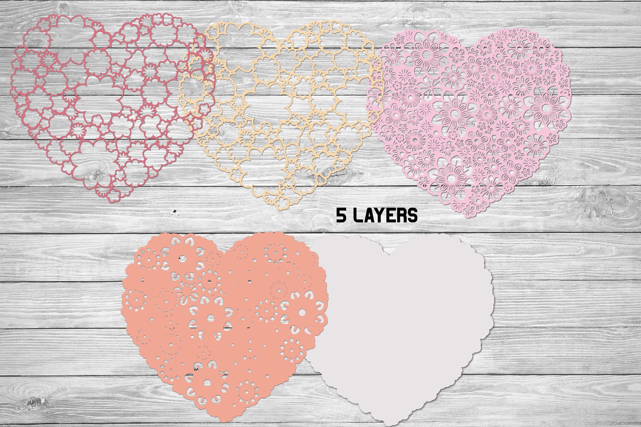 Floral Heart SVG, 3D Layered Heart - 5 Layers, Digital Cutting File ...