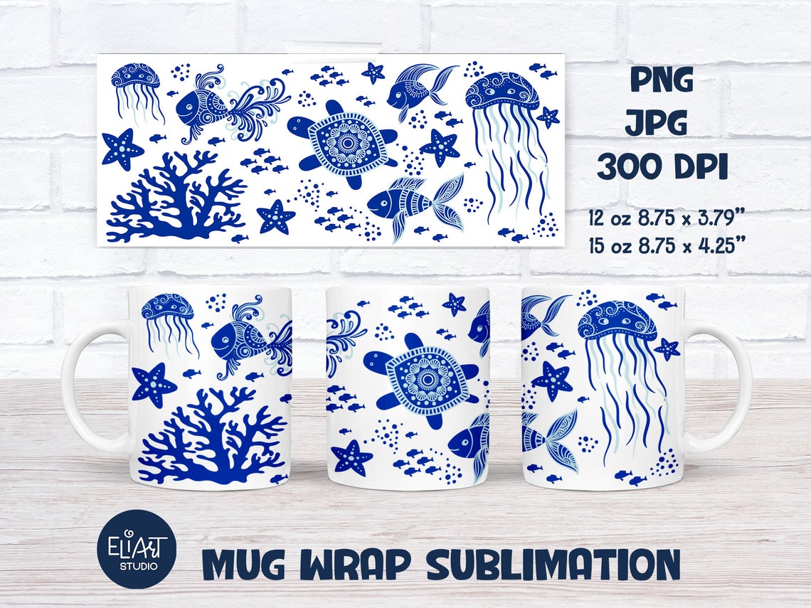 Sea Creatures Mug Sublimation, Ocean Animals Full Mug Wrap, Underwater ...