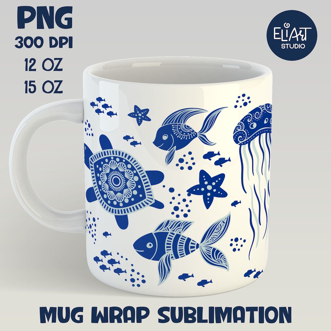 Sea Creatures Mug Sublimation, Ocean Animals Full Mug Wrap, Underwater ...