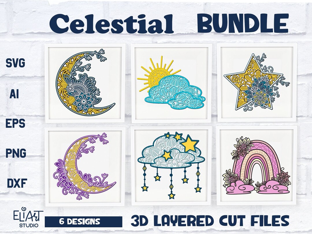 Celestial Bundle SVG, 3D Layered SVG Moon Designs, Floral Rainbow and ...