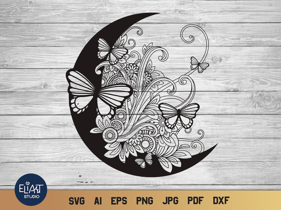 Floral Moon SVG, Butterflies SVG, Crescent Moon SVG With Flowers. - Etsy