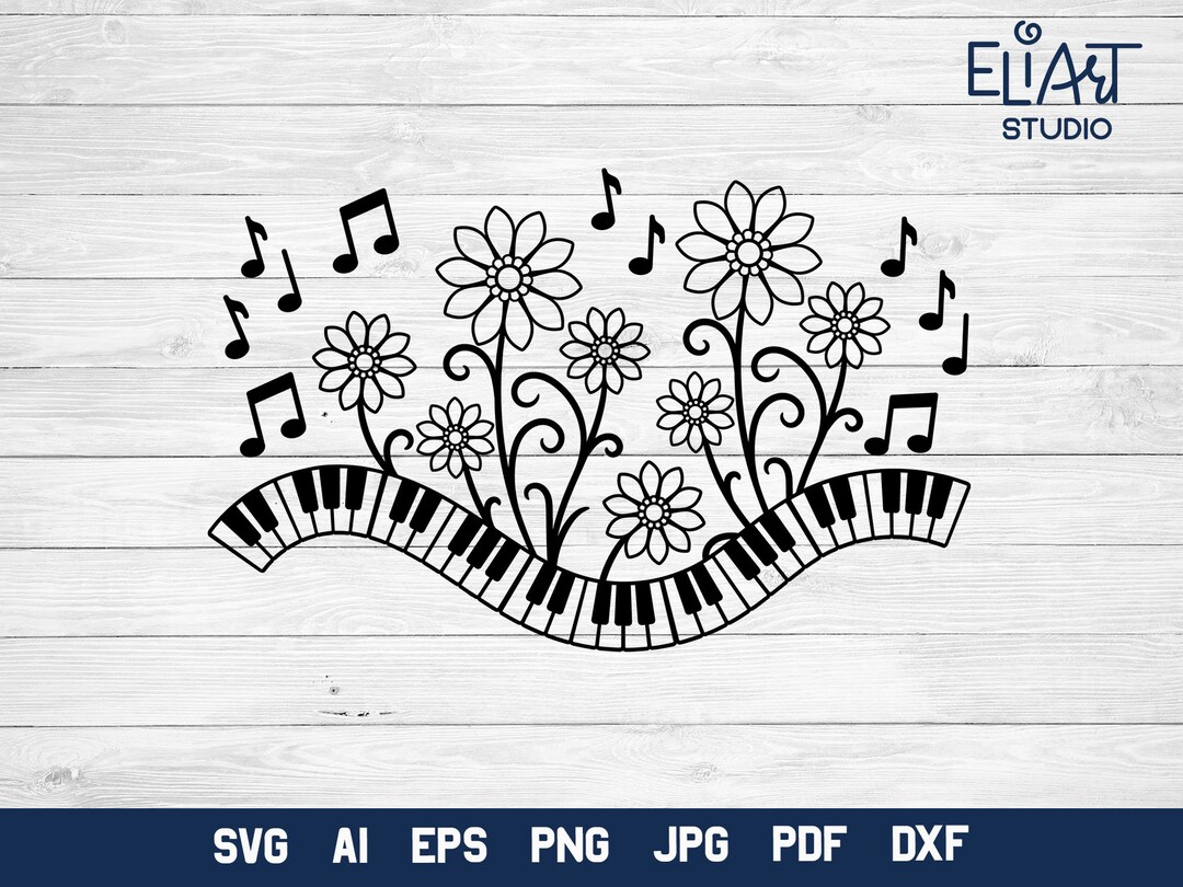 Music Keyboard SVG Design, Flowers With Music Notes, Music PNG Floral ...