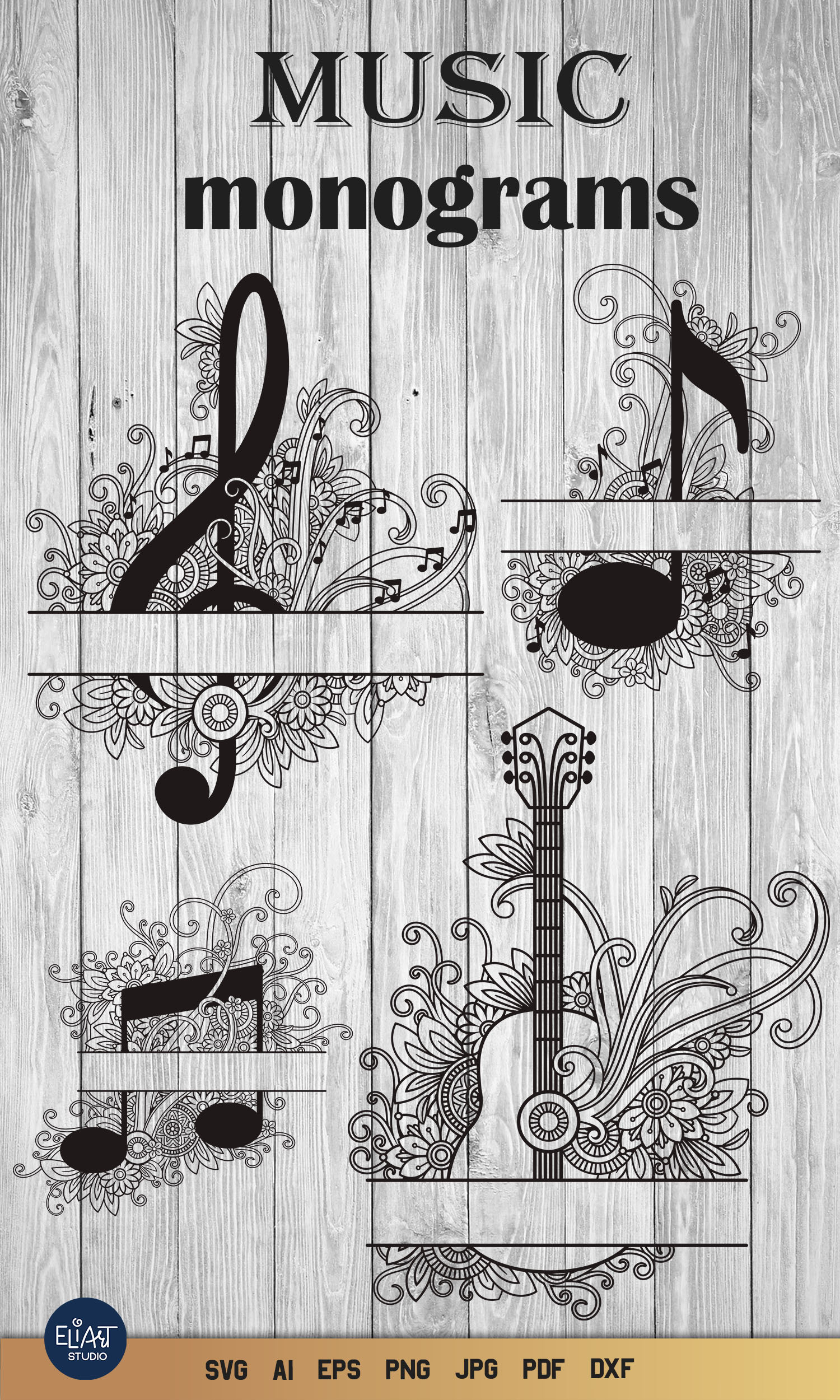 Music Split Monograms Bundle SVG Treble Clef SVG Music Notes - Etsy