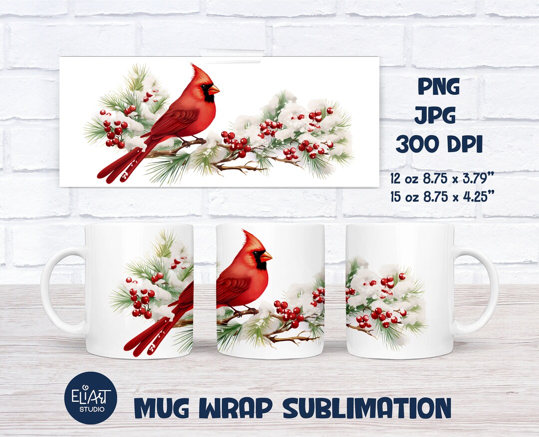 Red Cardinal Mug Sublimation, Winter Coffee Mug Design, Red Cardinal ...