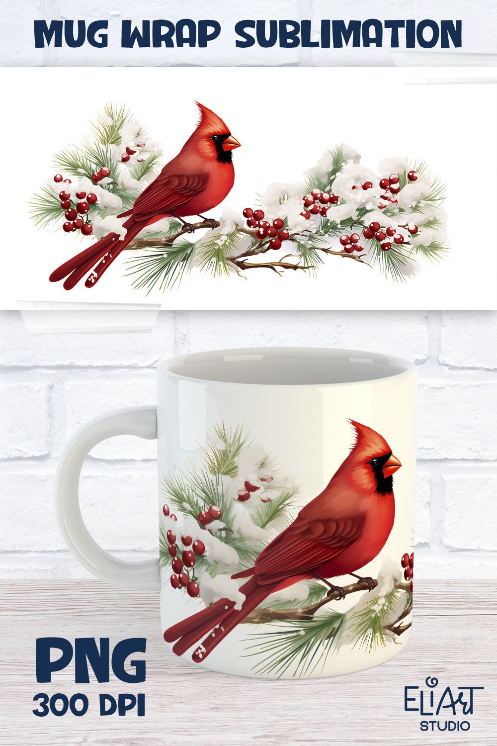 Red Cardinal Mug Sublimation, Winter Coffee Mug Design, Red Cardinal ...