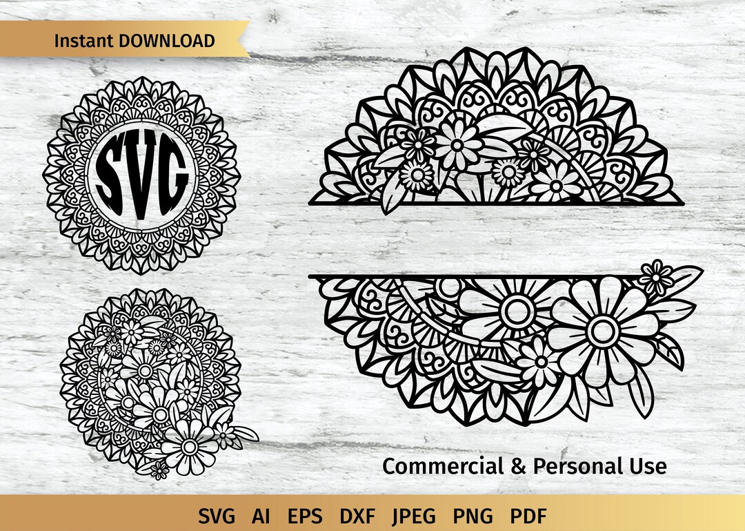 Mandala Monogram Svg, Split Mandala Svg, Mandala Frame Svg, Split Monogram Svg, Floral Mandala ...