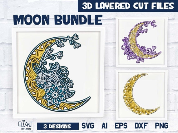Moon SVG Bundle 3D Crescent Moon SVG Floral Svg 3 Layered | Etsy