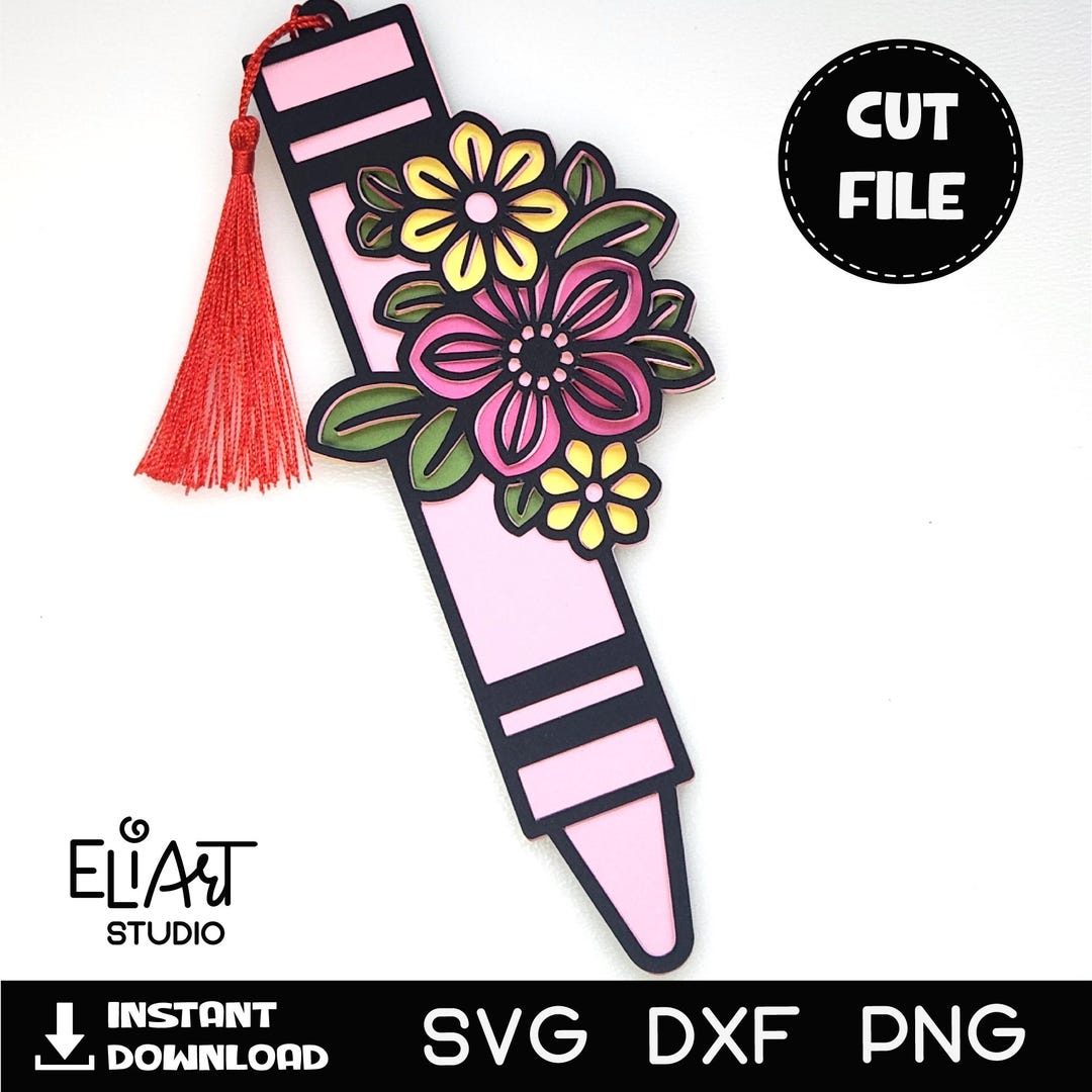 Crayon Bookmark SVG, Bookmark SVG, Floral Bookmark Template SVG, Book ...