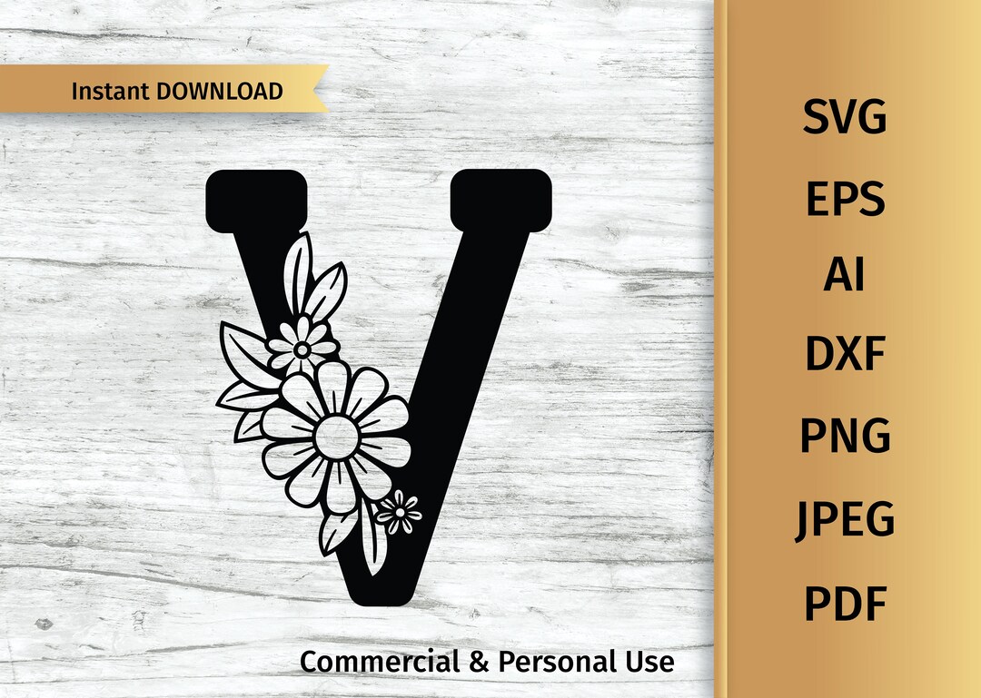 Floral Letter V Svg, Monogram Letter Svg, Initial Svg, Commercial and ...