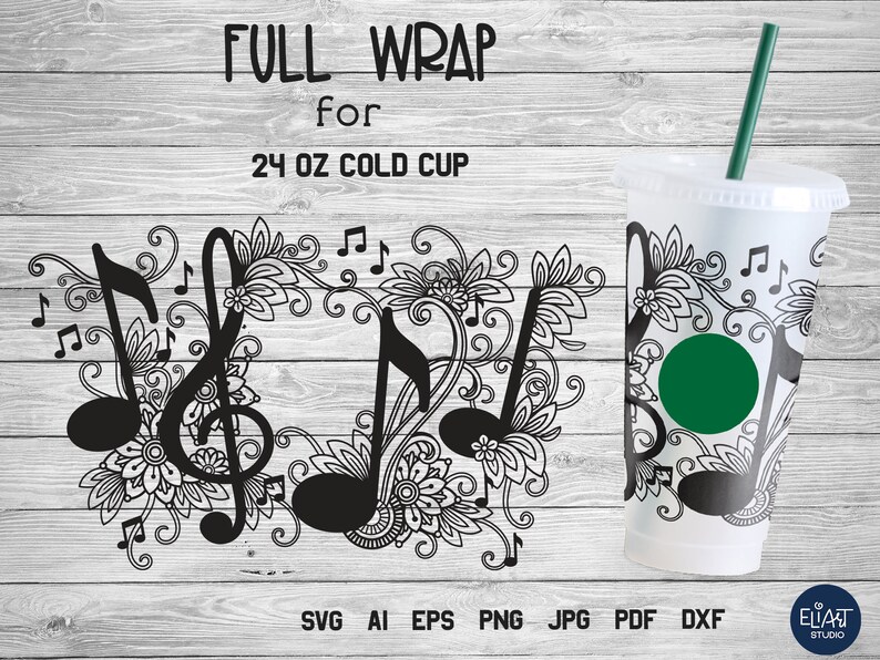 Music Full Cup Wrap SVG, Musical Notes and Treble Clef, 24oz Cold Cup ...