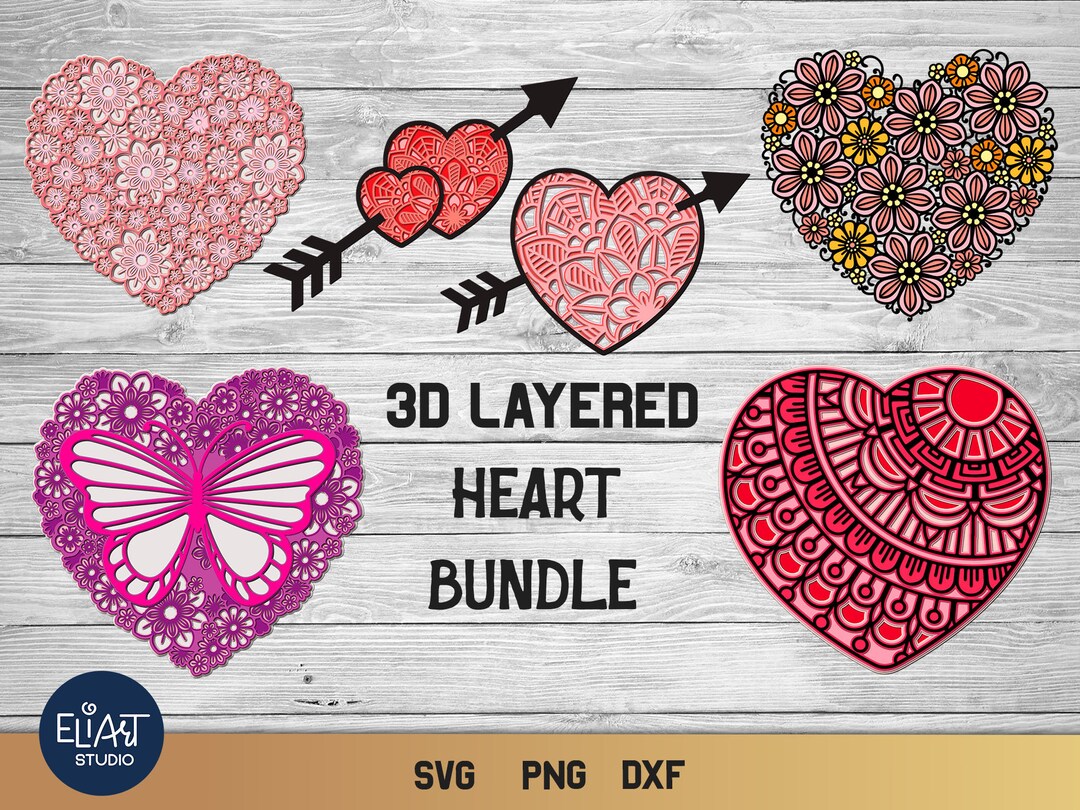 3d SVG Heart Bundle, Layered SVG Heart Mandalas, Valentine Heart SVG ...