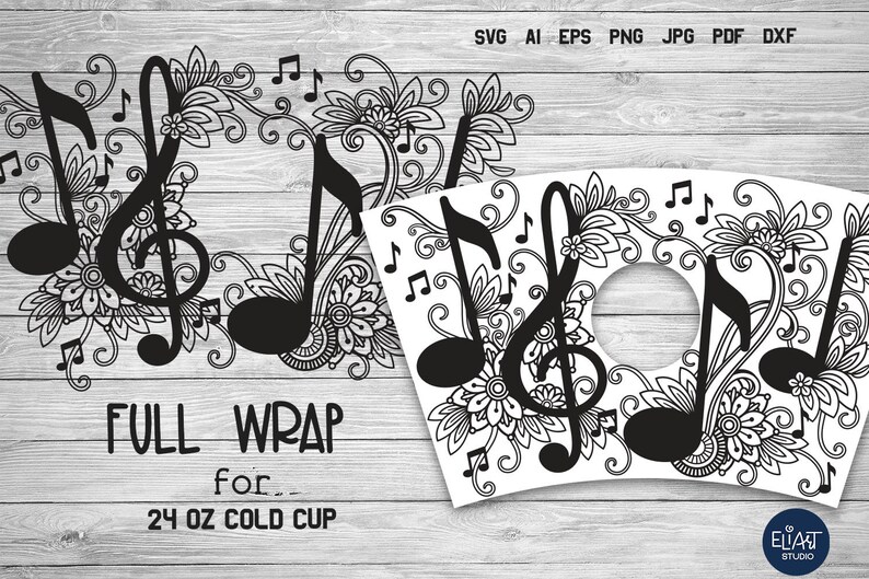 Music Full Cup Wrap SVG, Musical Notes and Treble Clef, 24oz Cold Cup ...