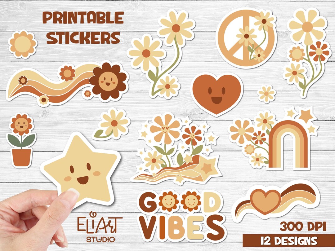 Groovy Stickers Bundle, Retro Printable Stickers, Hippie Stickers With ...