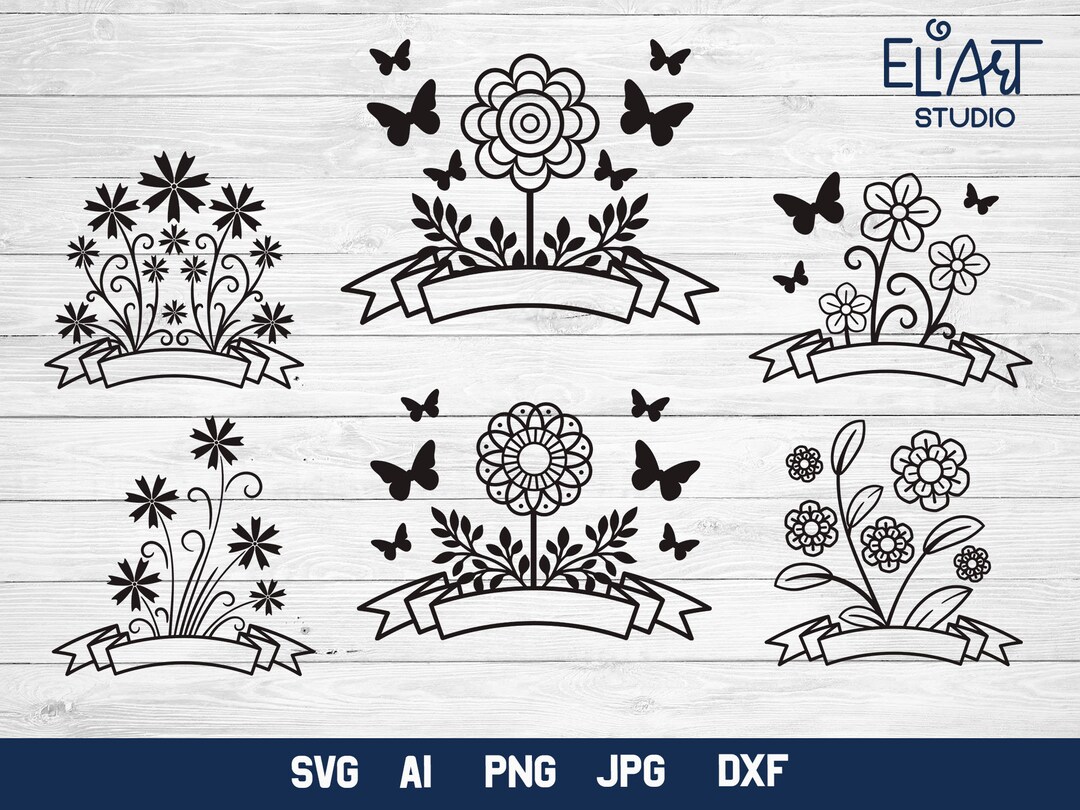 Floral Banner SVG Bundle, Flower Banners With Butterflies, Floral PNG ...