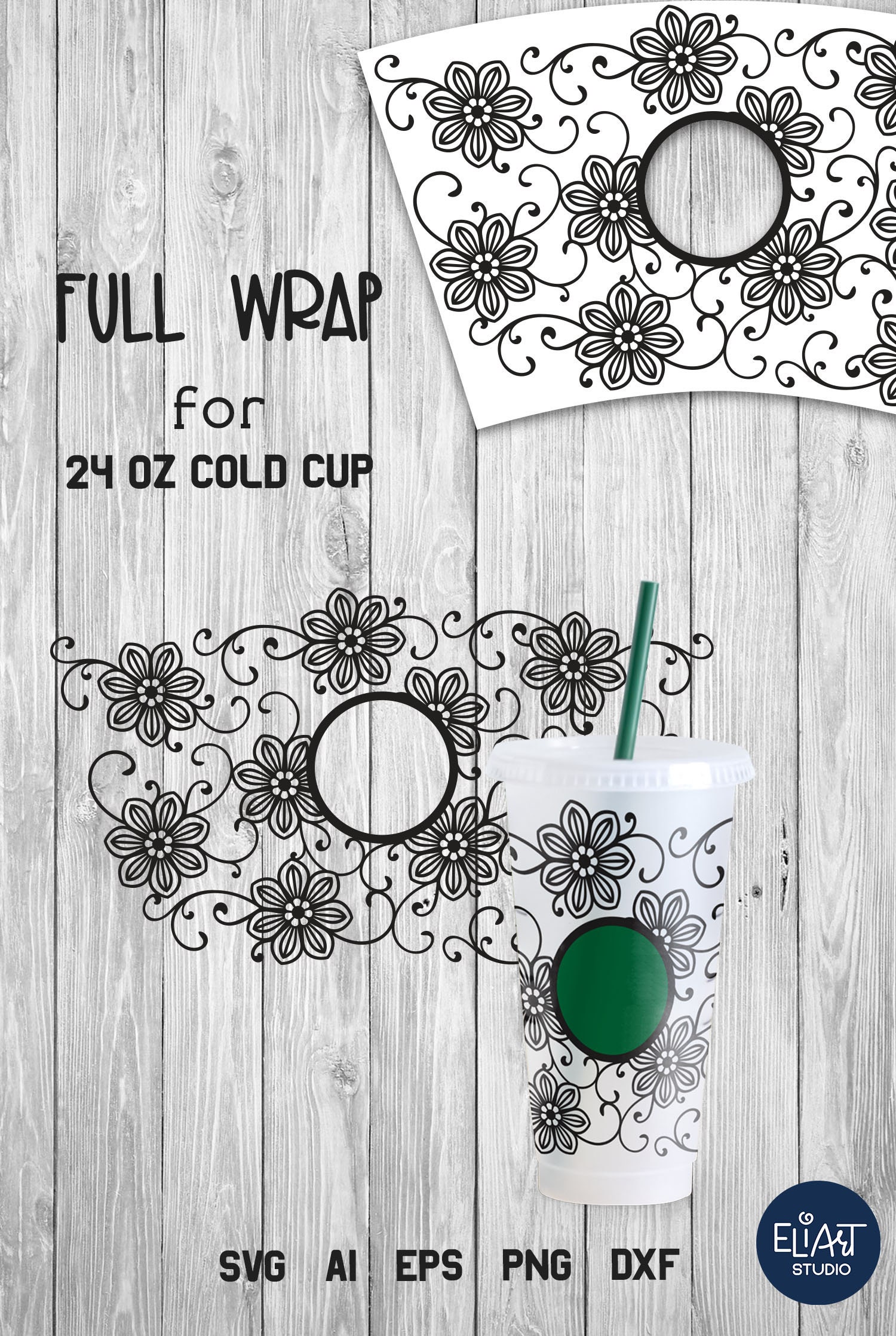 Floral Cold Cup Wrap SVG Full Cup Wrap With Hole 24oz Cold - Etsy
