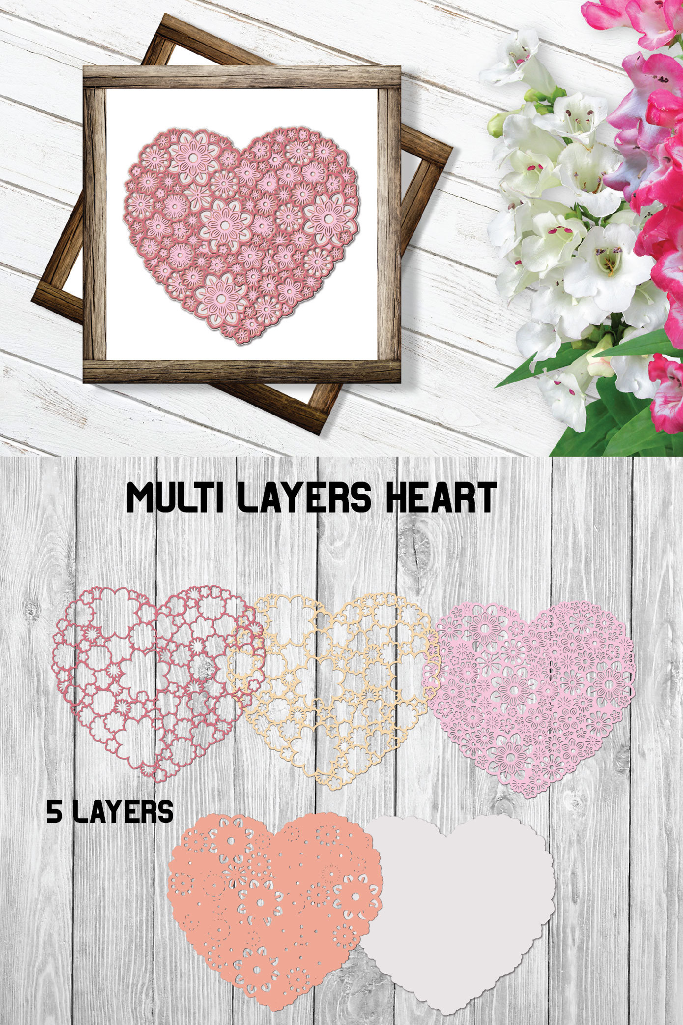 Floral Heart SVG, 3D Layered Heart - 5 Layers, Digital Cutting File ...