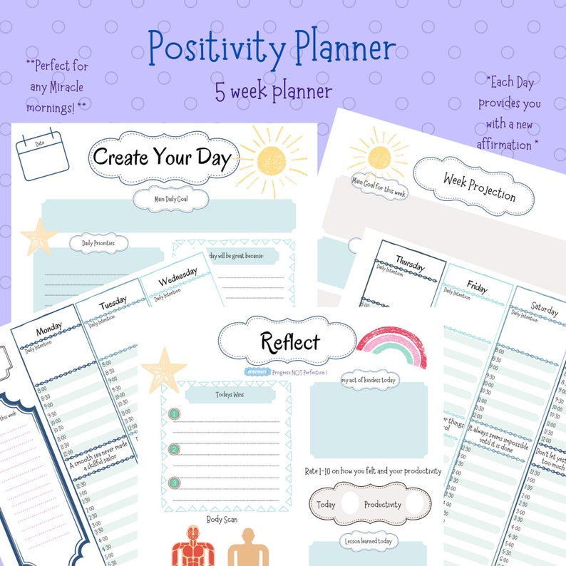Positivity Planner 5 Weeks of Affirmations & Positivity Happy Planner ...