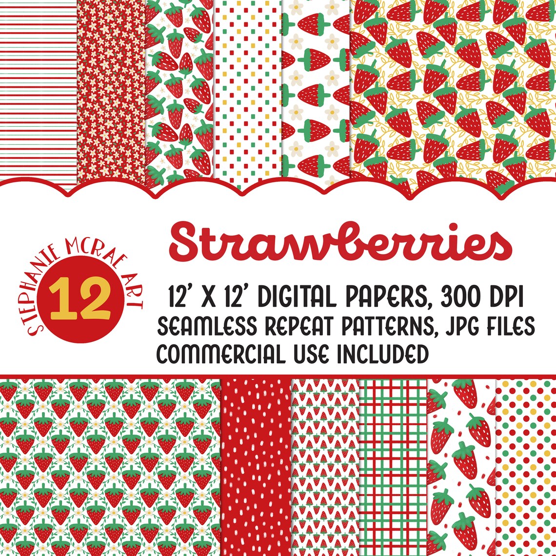 Strawberry Digital Paper Pack, Summer Seamless Patterns (digital ...