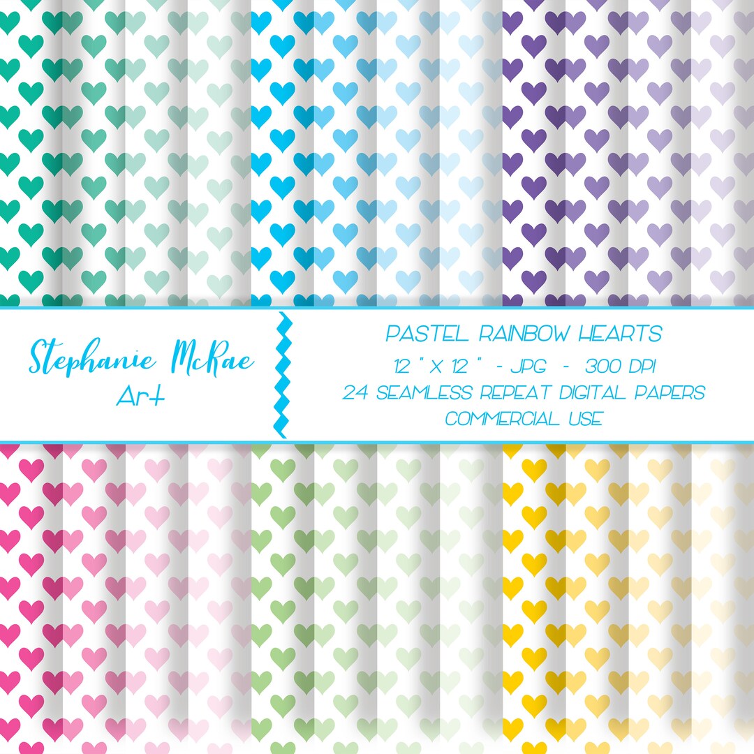 Pastel Rainbow Hearts Digital Paper, 24 Seamless Patterns (digital ...