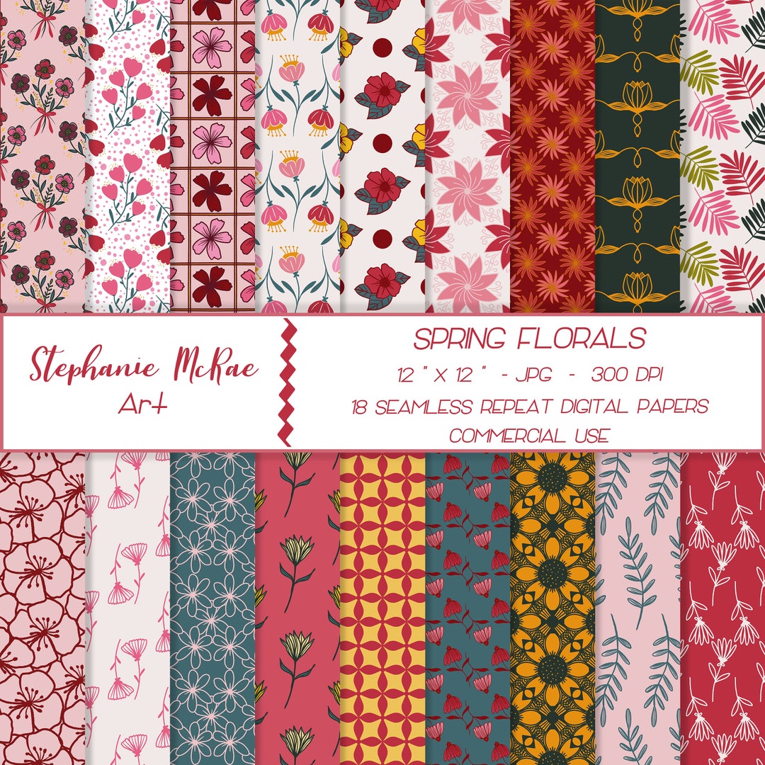 Spring Florals Digital Paper Pack, Spring Floral Patterns, Seamless ...