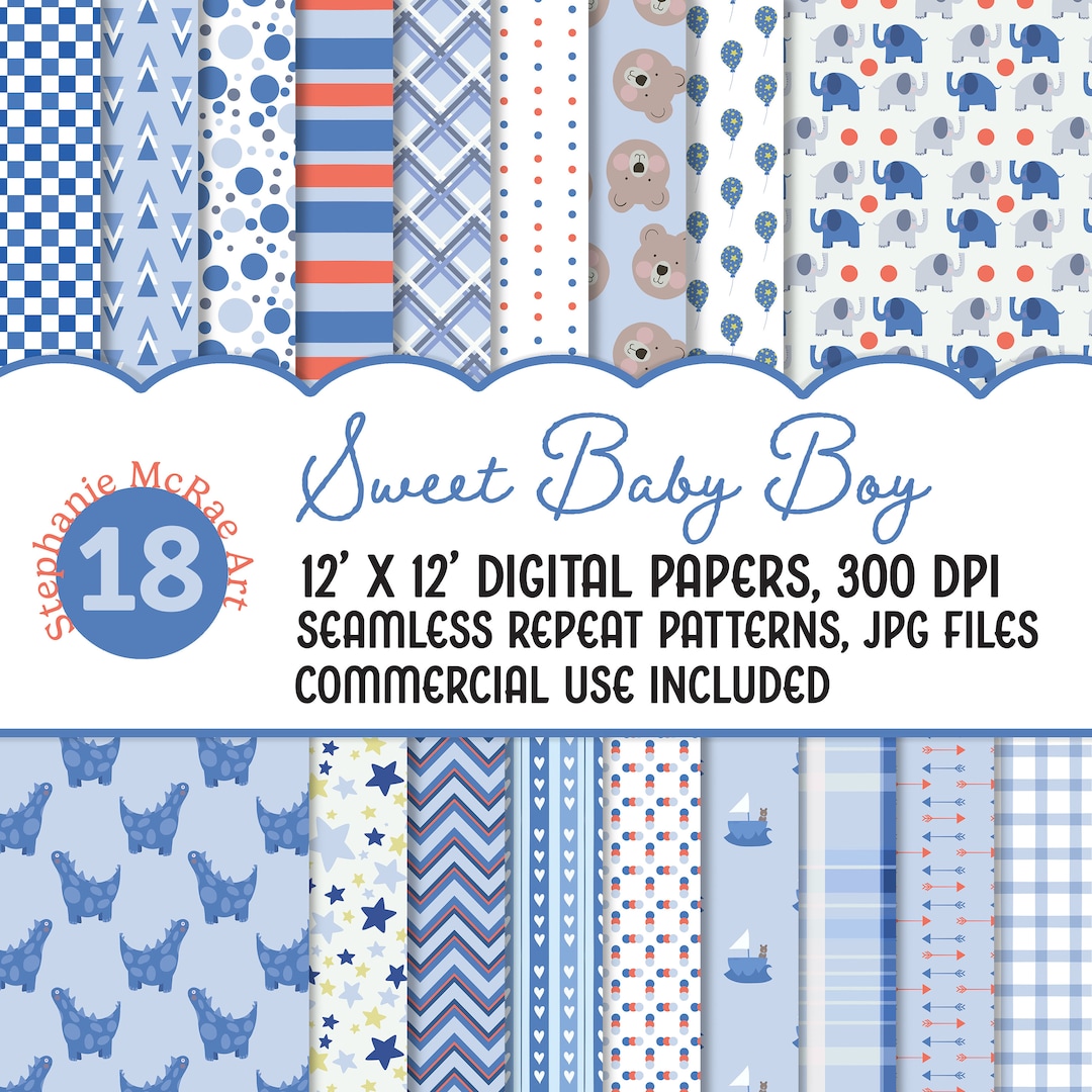 Baby Boy Digital Paper Pack, Baby Shower Papers, Boy Patterns, Digital ...