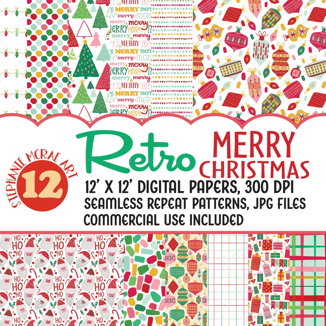 Retro Merry Christmas Digital Papers, Christmas Seamless Pattern ...