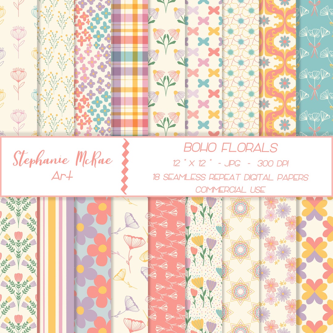 Boho Floral Digital Paper Pack, Commercial Use, Digital Download ...