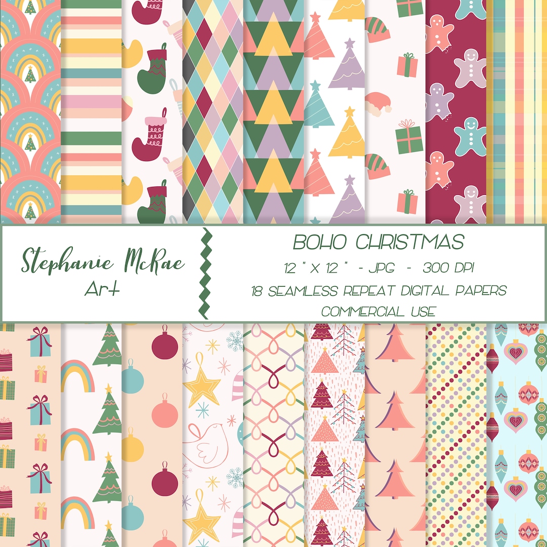 Boho Christmas Digital Paper Pack, Christmas Tree Paper, Digital ...