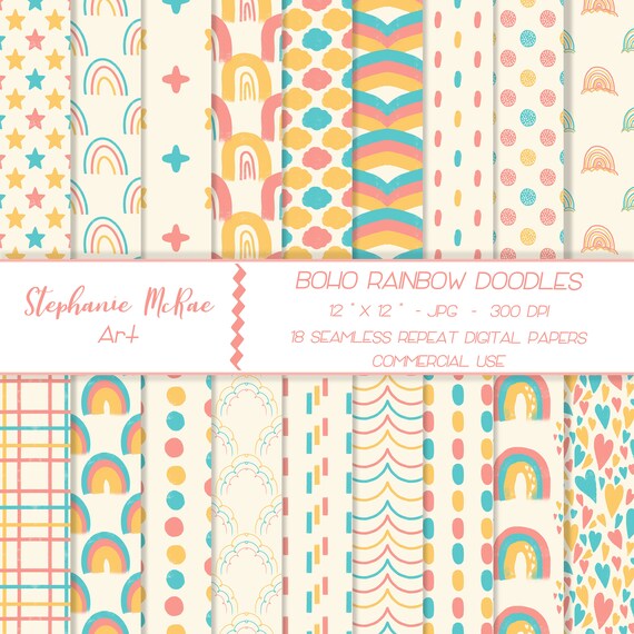 Boho Rainbow Doodles Digital Paper Pack Commercial Use | Etsy