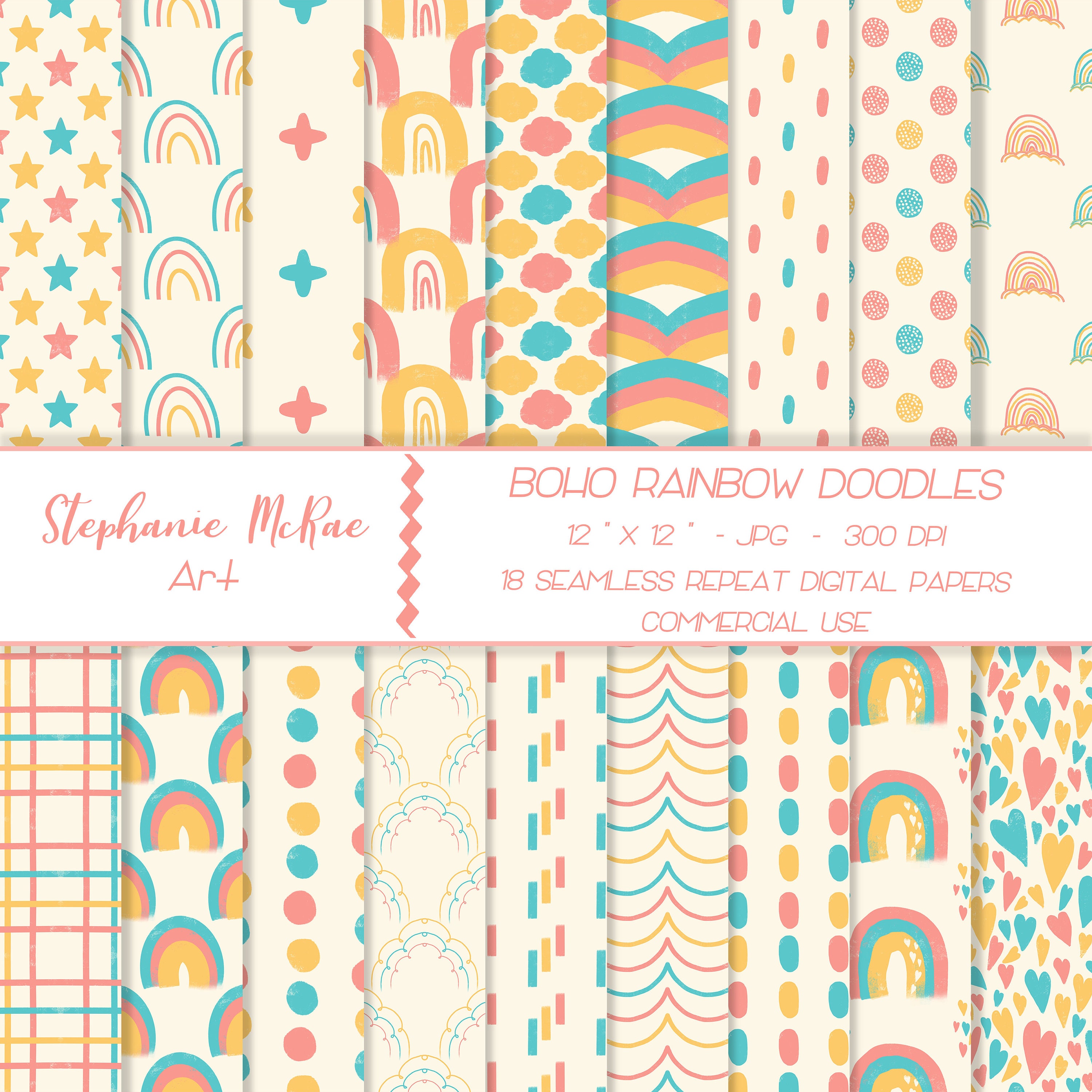Boho Rainbow Doodles Digital Paper Pack, Commercial Use (digital ...