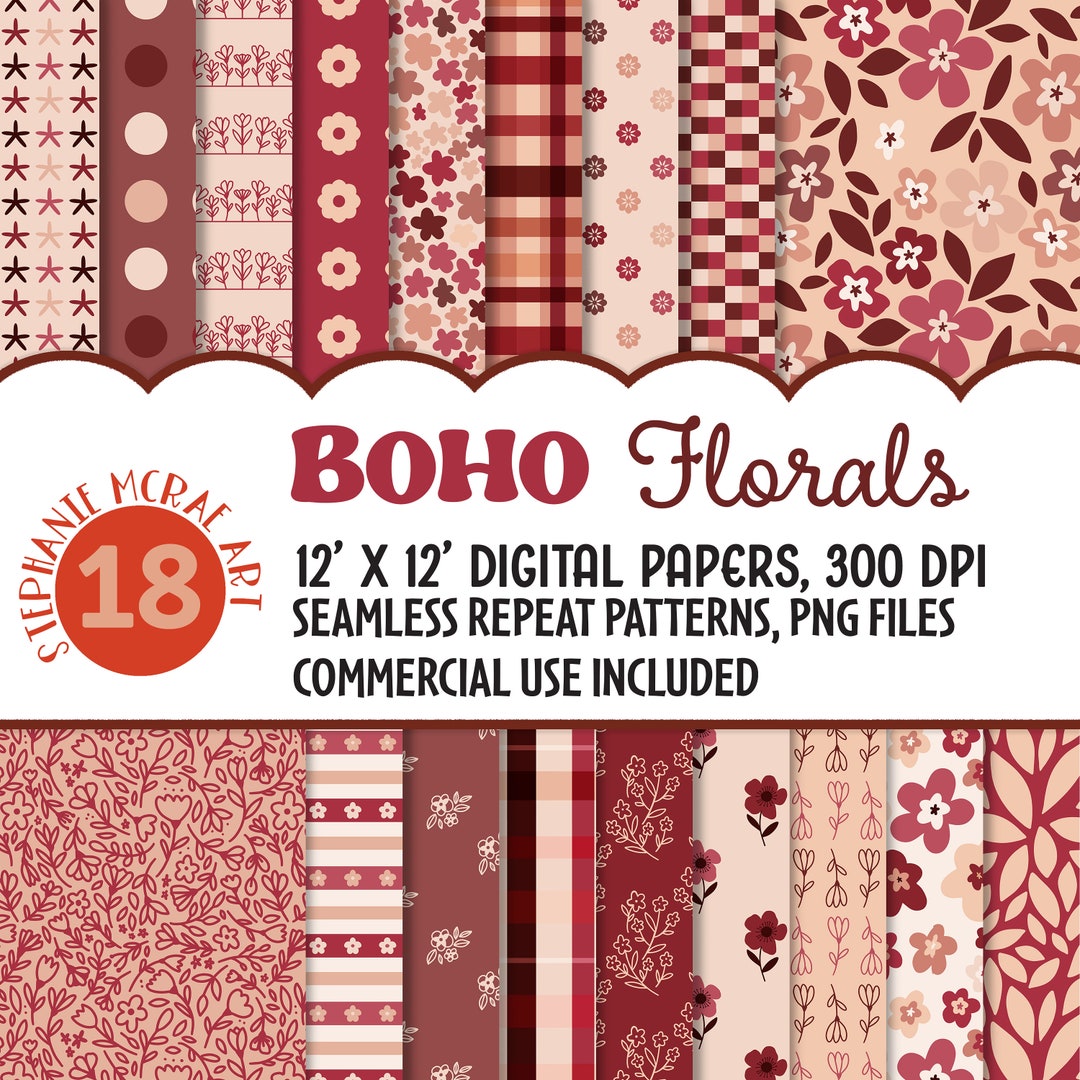 Boho Florals Digital Paper Pack, Digital Download, Digital Scrapbooking ...