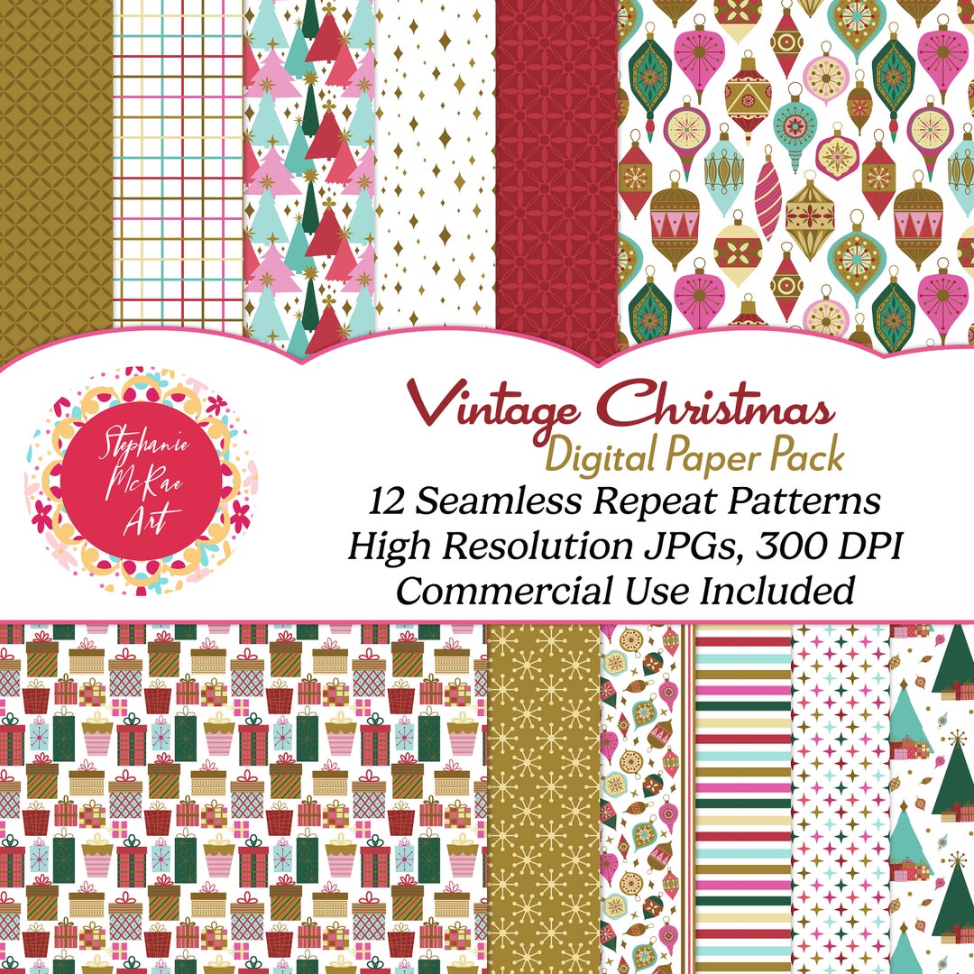Vintage Christmas Digital Paper Pack, Digital Download, Retro Christmas ...