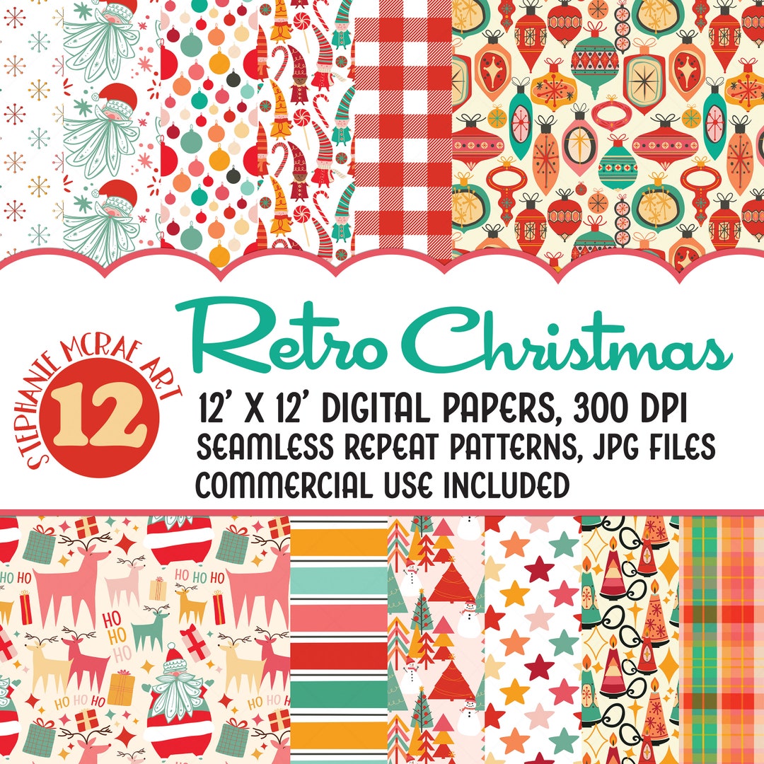 Retro Christmas Digital Papers, Christmas Seamless Pattern, Digital ...