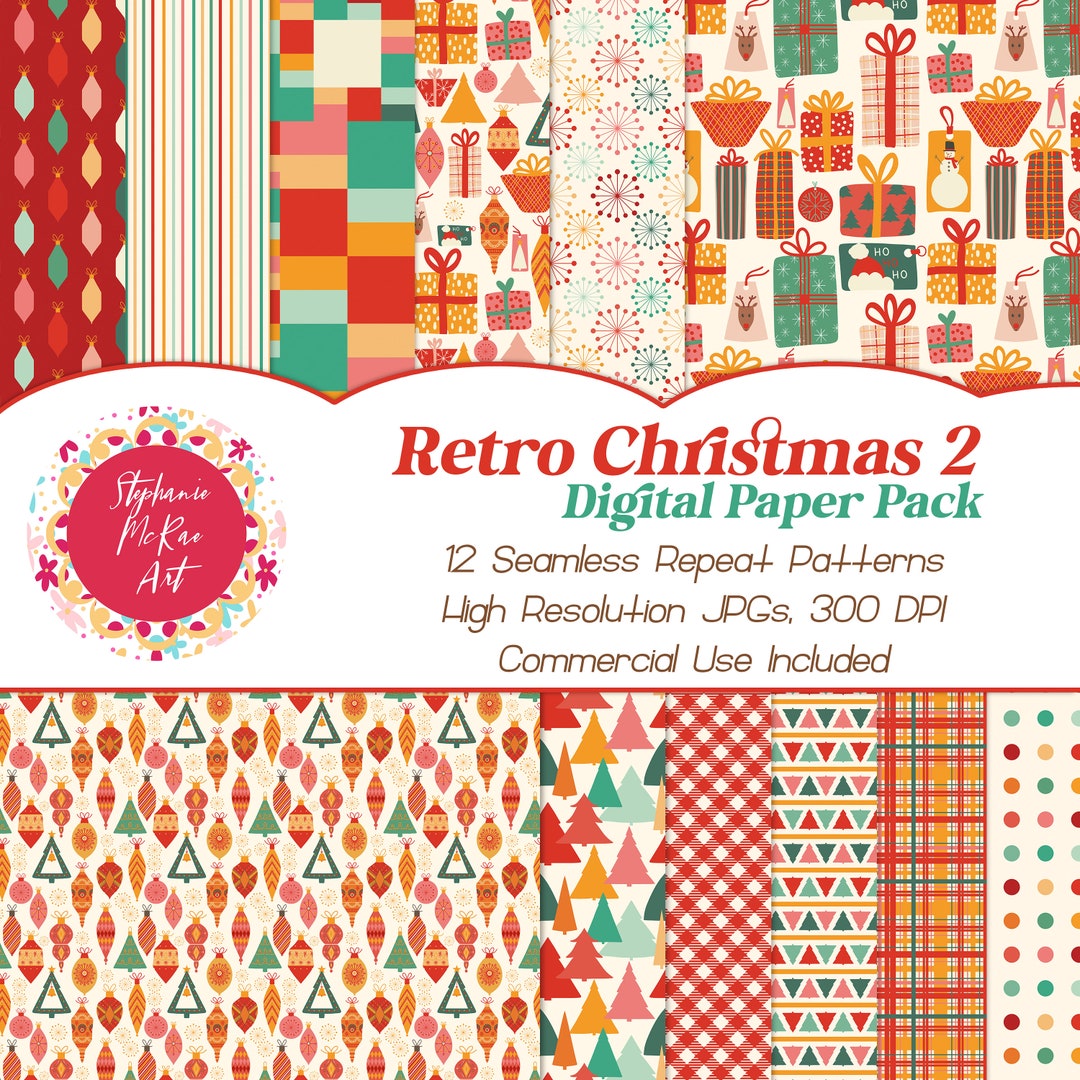 Retro Christmas Digital Papers, Christmas Seamless Pattern, Digital ...